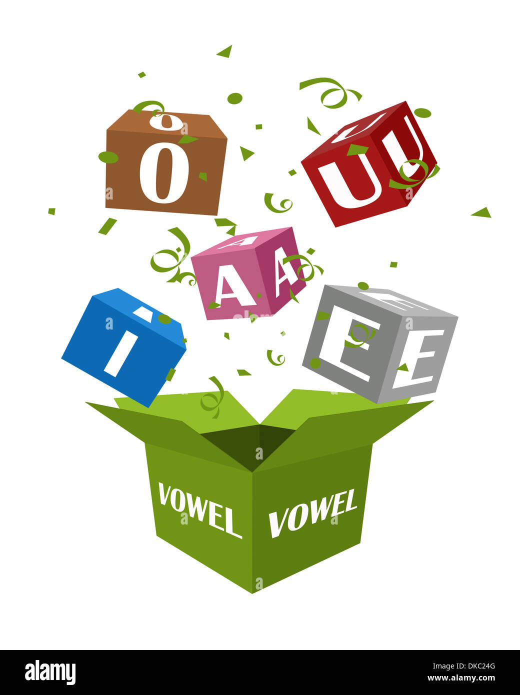 All five vowel to spread from box Stock Photo - Alamy