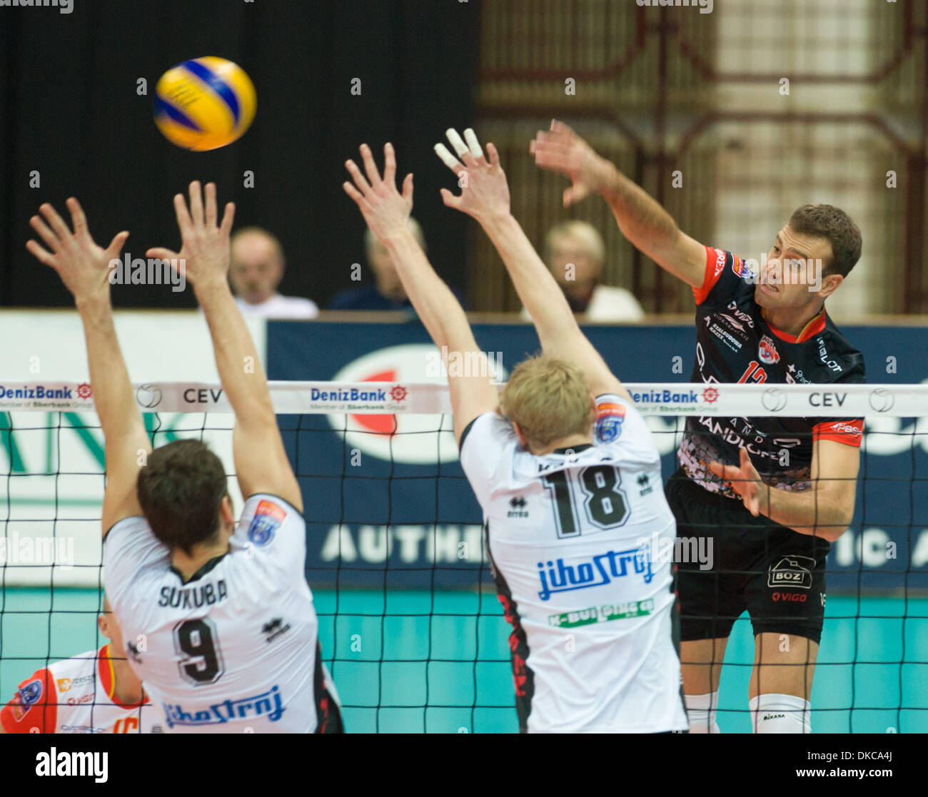 Peter Veres of Rzeszow, right, pictured during the Voleyball Champions ...