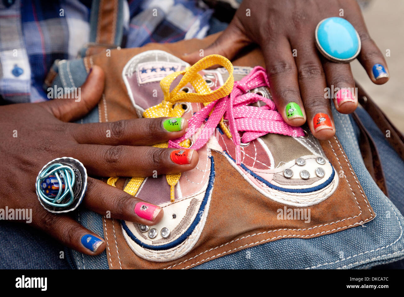 Cuban woman showing off her colourful painted nails and rings, Havana ...