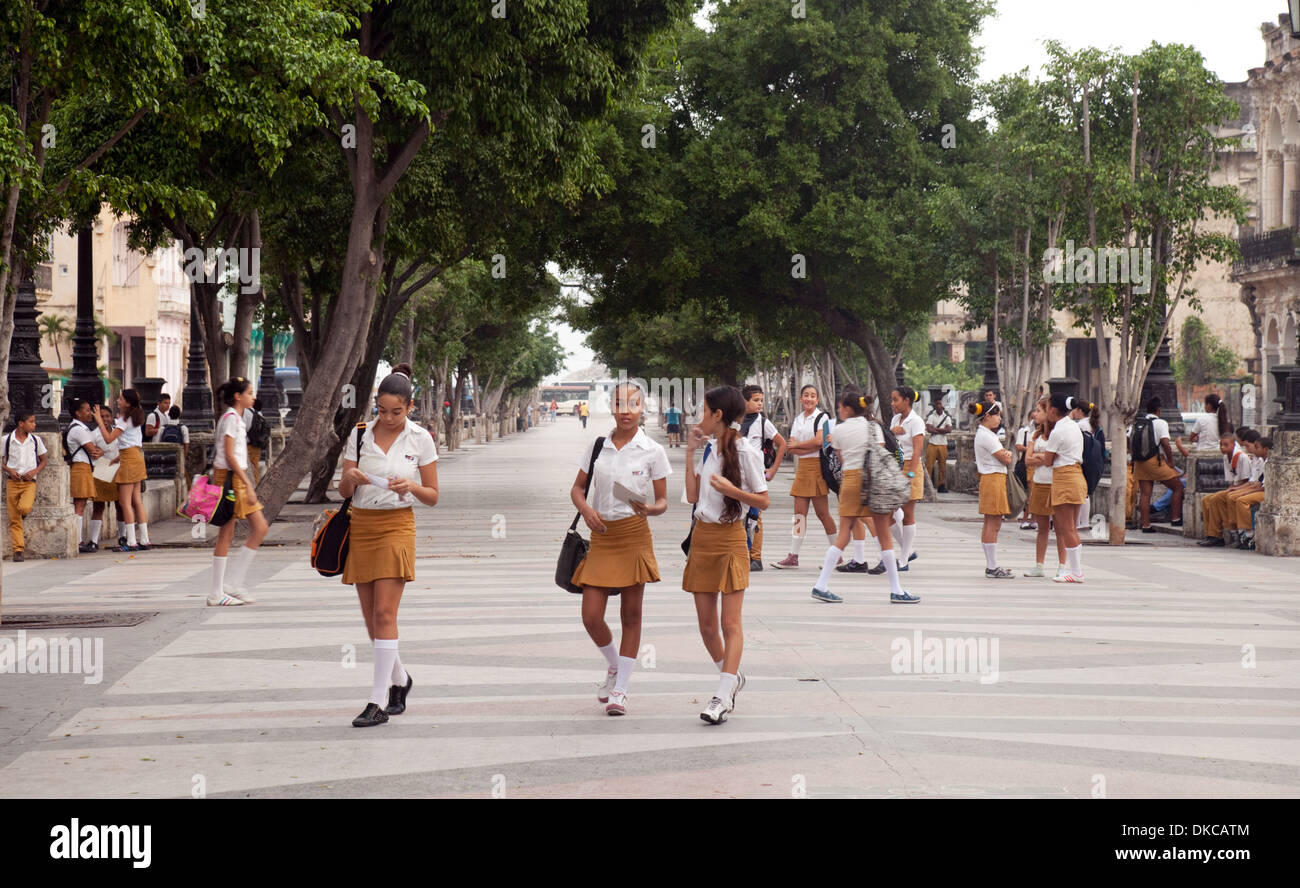 Teenage Cuban schoolchildren, schoolgirls, in uniform in the morning ...