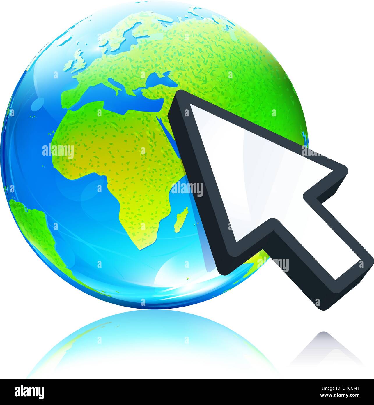 Vector illustration of cursor mouse hand pointing to glossy earth map ...