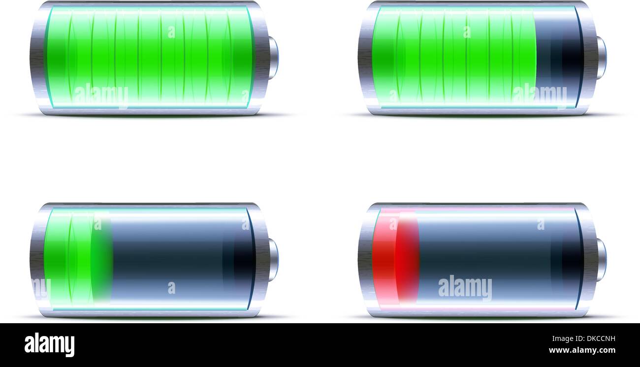 Vector illustration of four detailed glossy battery level indicator ...