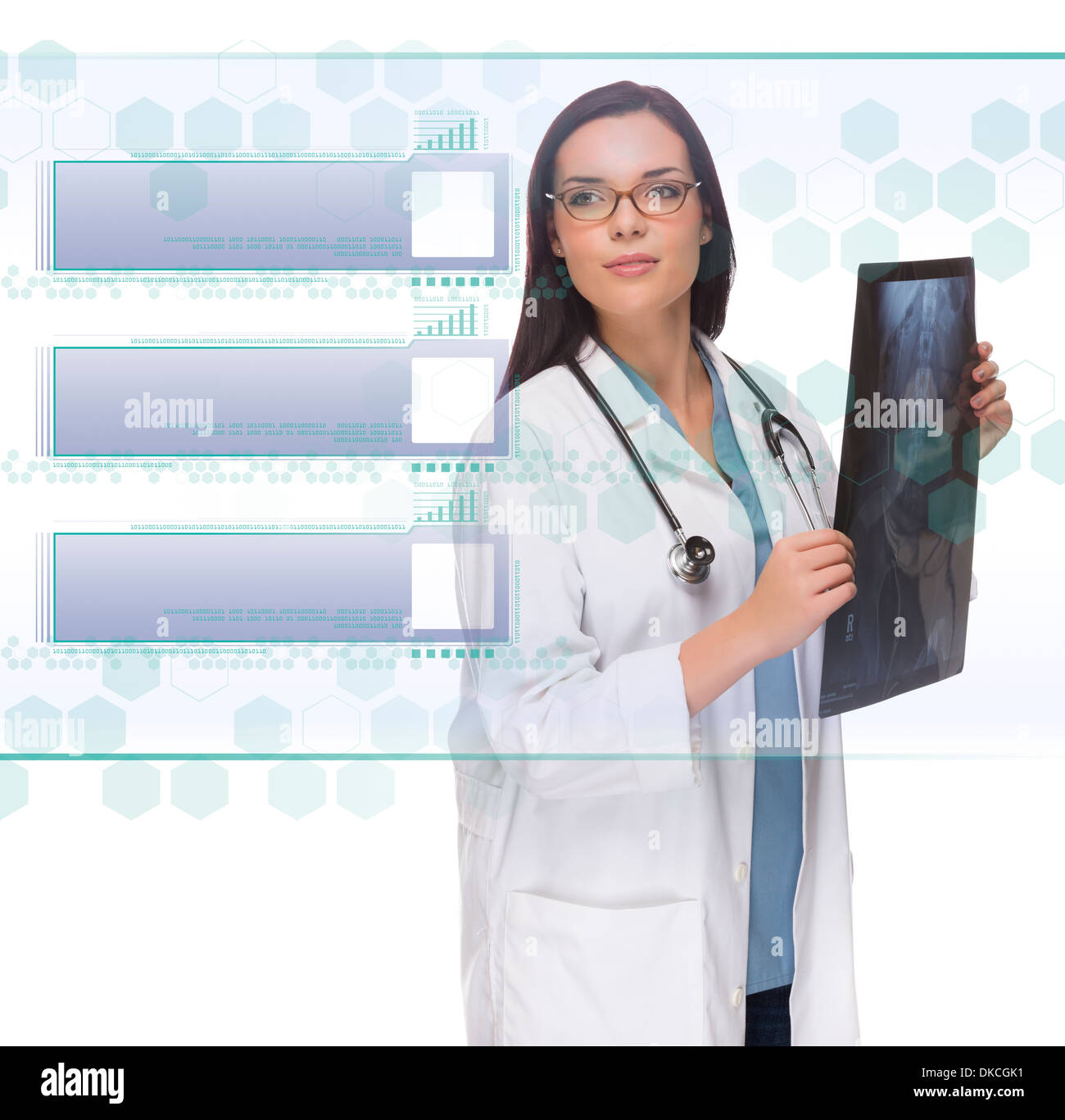 Young Doctor or Nurse Holding X-Ray Reading Over Blank Futuristic ...