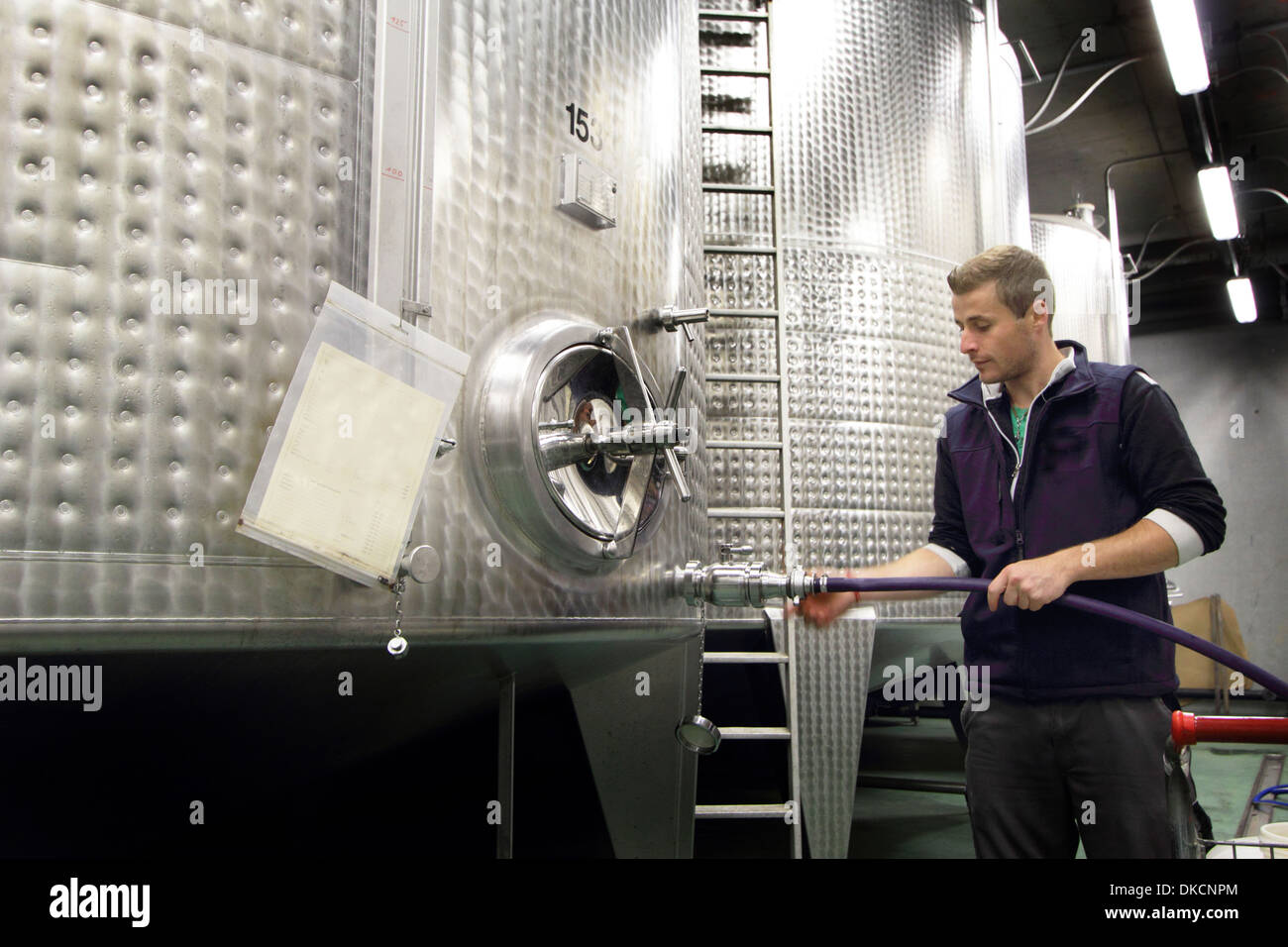 Man working in industrial wine cellar Stock Photo - Alamy