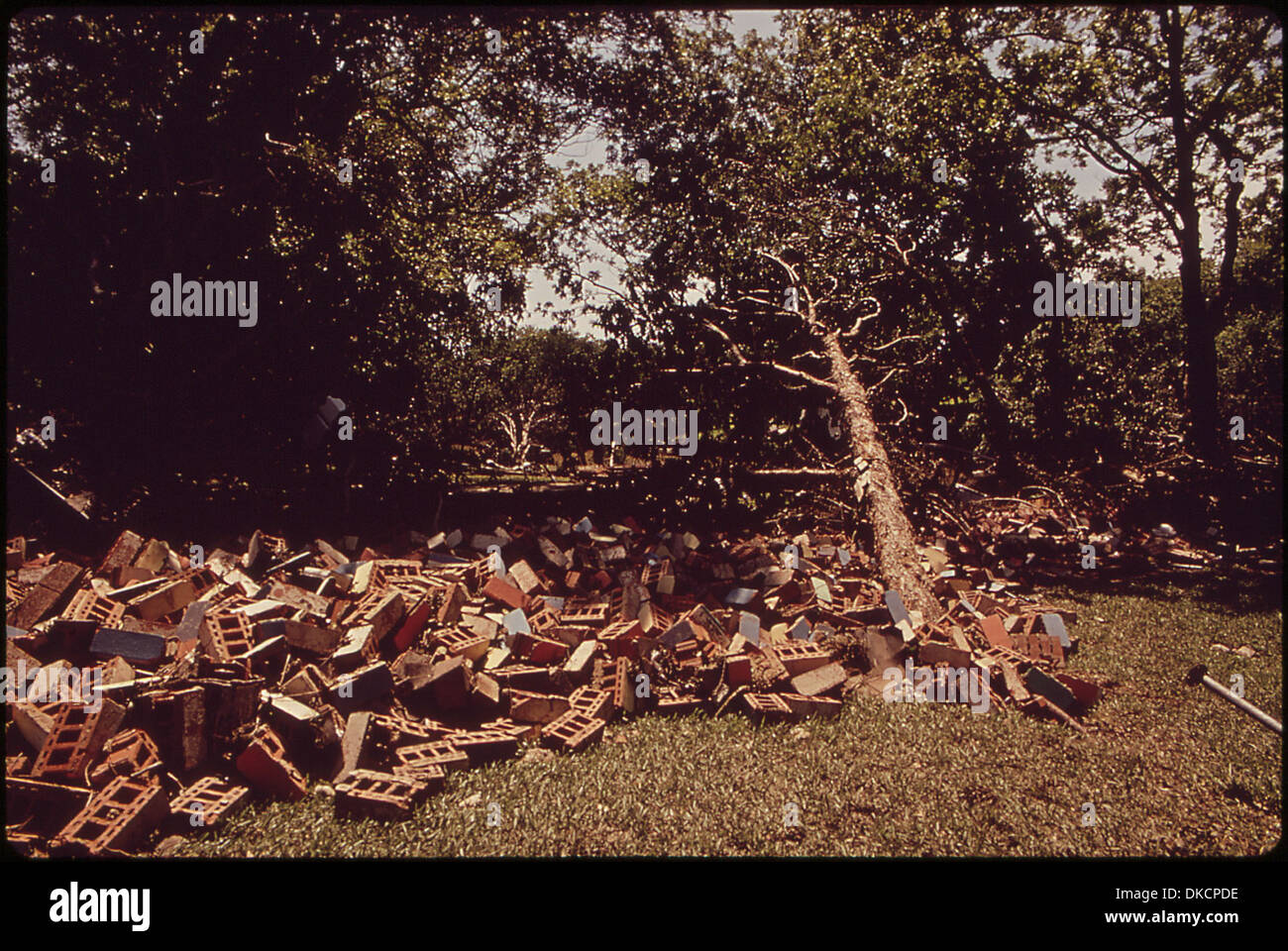 The image shows the effects of river flood damage. The flooding has ...
