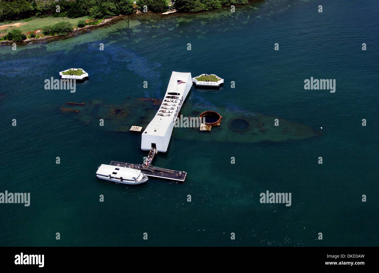 Aerial view of the USS Arizona memorial in Pearl Harbor May 23, 2002 in ...