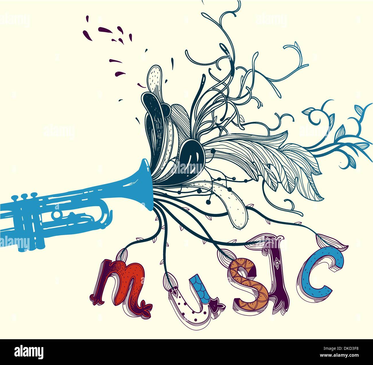 music background with a bright trumpet and fantasy plants with rich ...