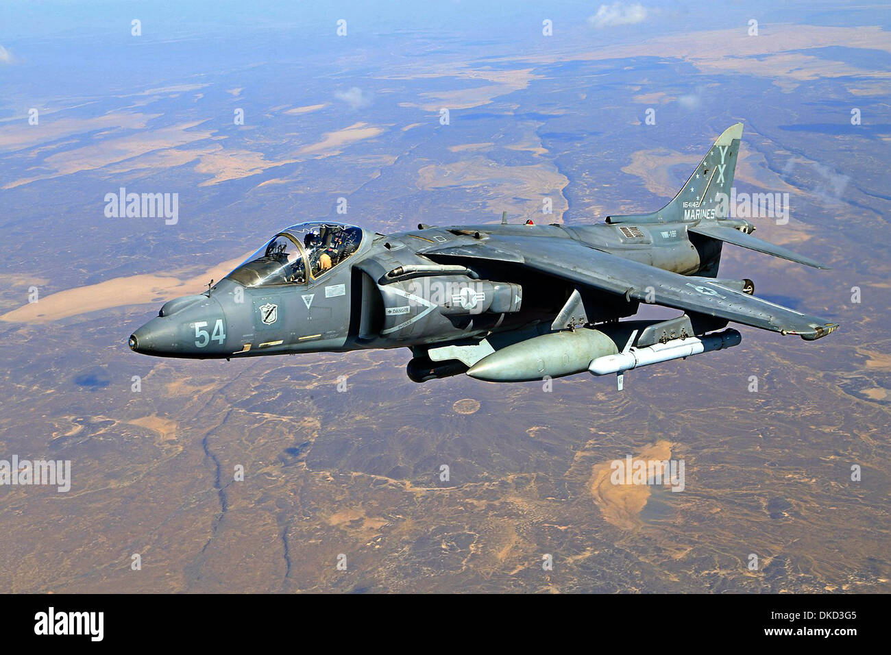 A US Marines AV-8B Harrier fighter aircraft in flight above the Horn of ...