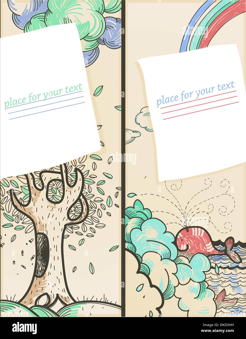 vector set of two hand drawn cards with bright nature and cartoon ...