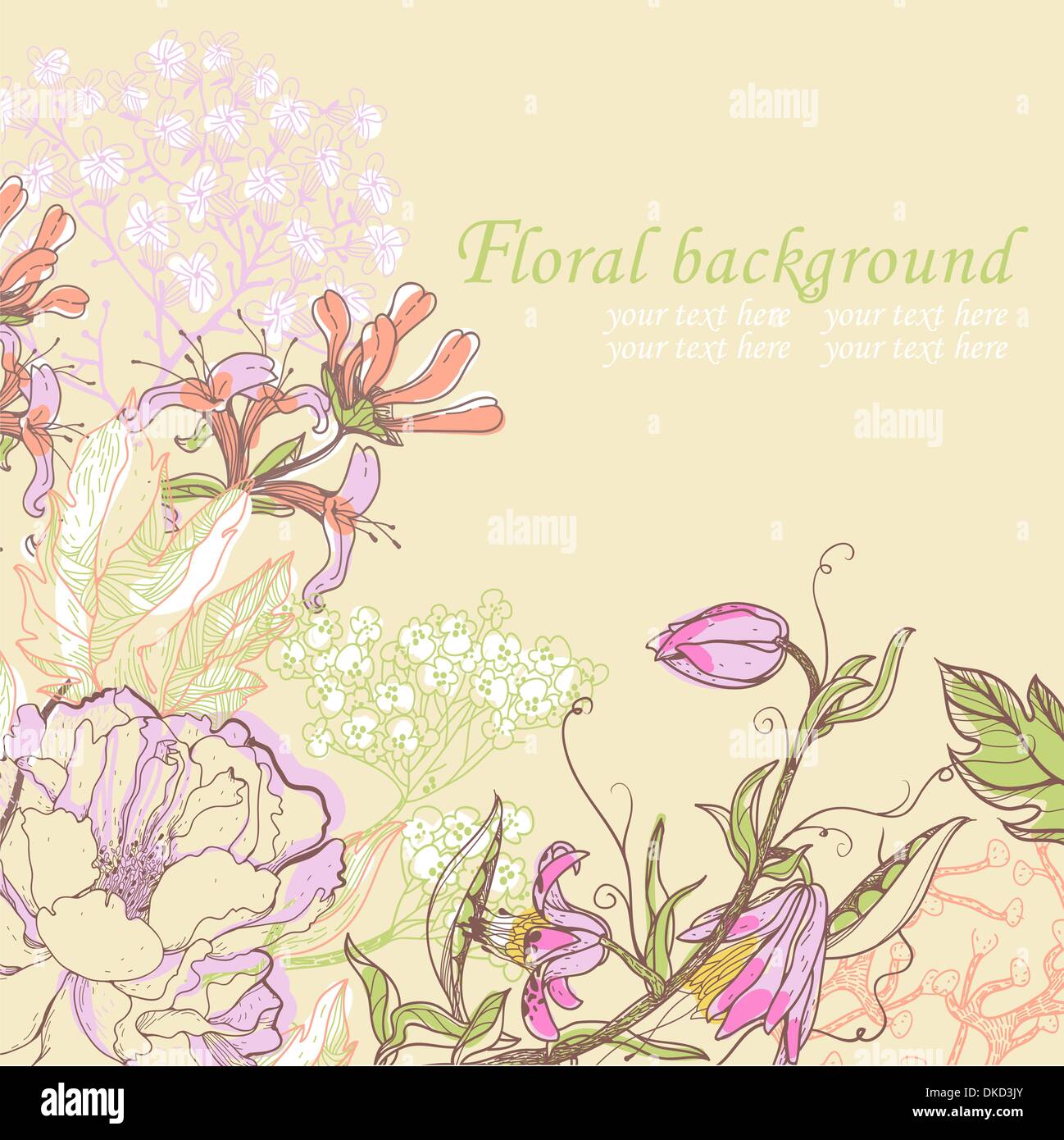 vector floral background with blooming flowers and plants Stock Vector ...