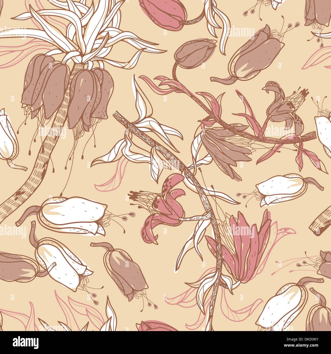 vector seamless floral pattern with hand-drawn flowers and plants Stock ...