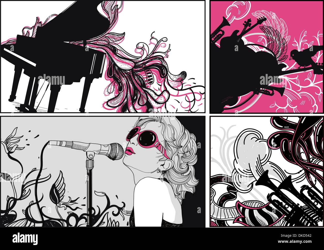 vector set of 4 music cards with a piano, trumpets,and other ...