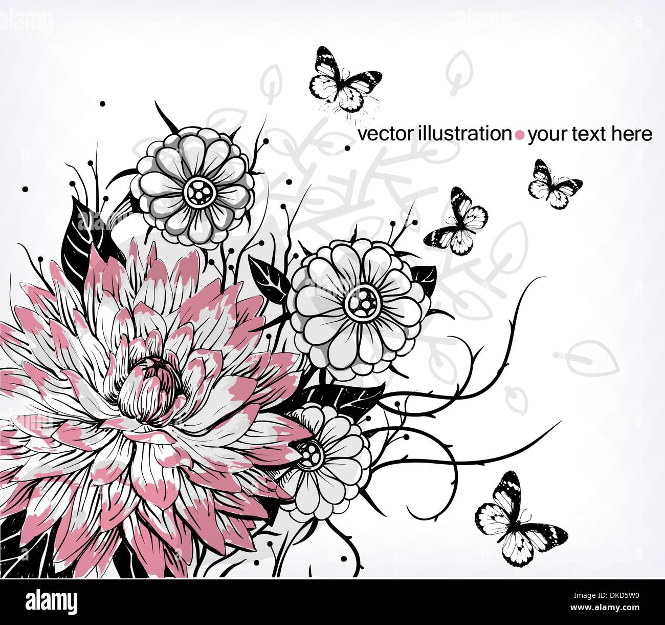 vector floral illustration of blooming flowers and flying butterflies ...