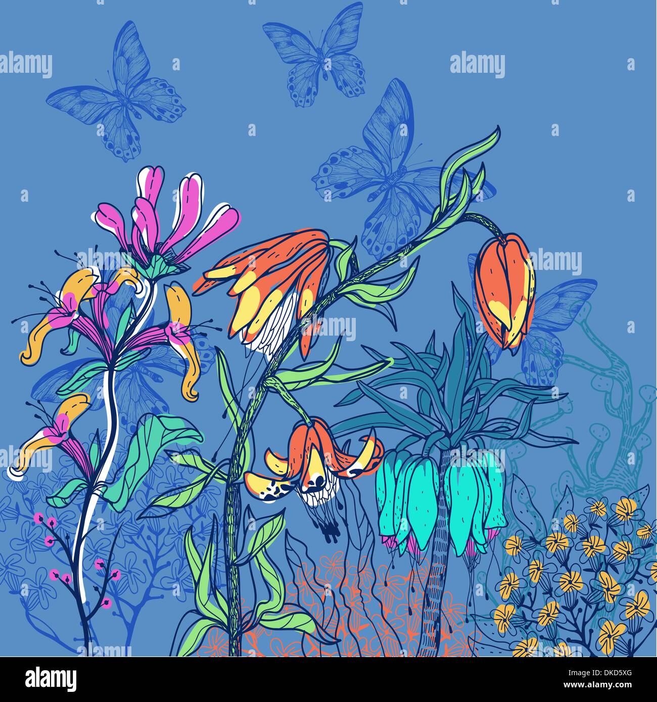 vector illustration of blooming flowers on a dark blue background Stock ...