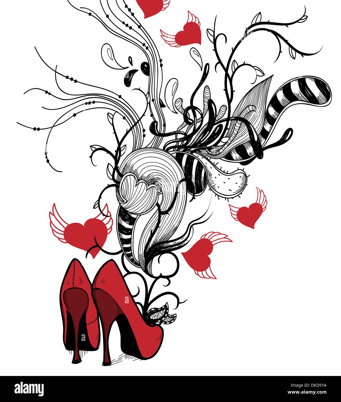 vector illustration of red fashion shoes with abstract plants and ...