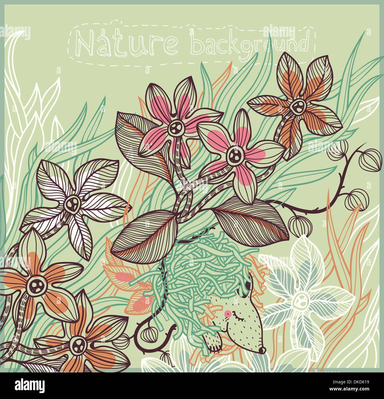 vector floral background with fantasy plants and a cute sleeping animal ...