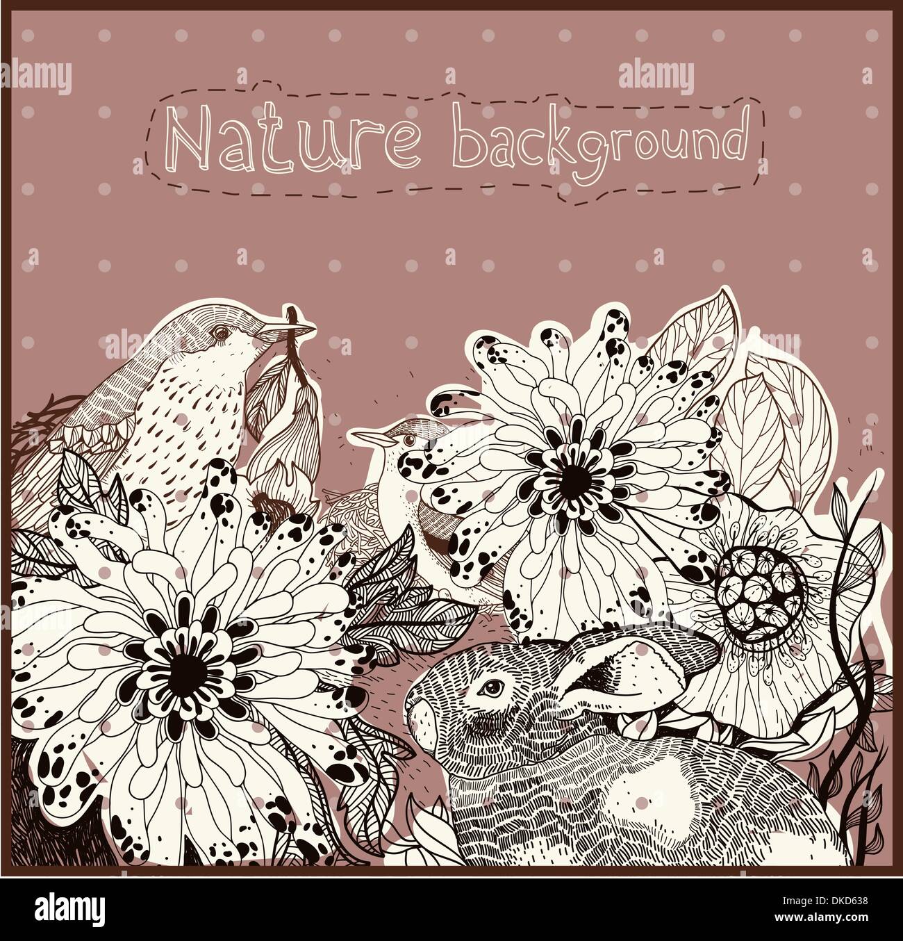 vector floral background with blooming flowers and wild animals Stock ...