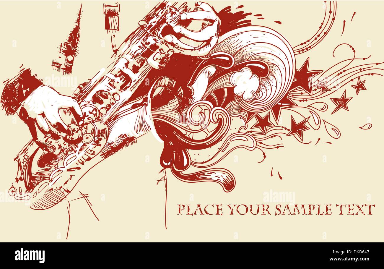 vector illustration of a hand drawn saxophone and bright red waves and ...