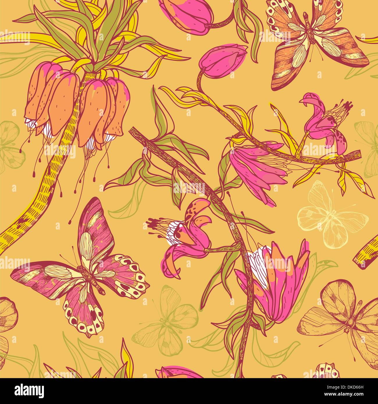 vector seamless floral pattern with colorful flowers and butterflies ...