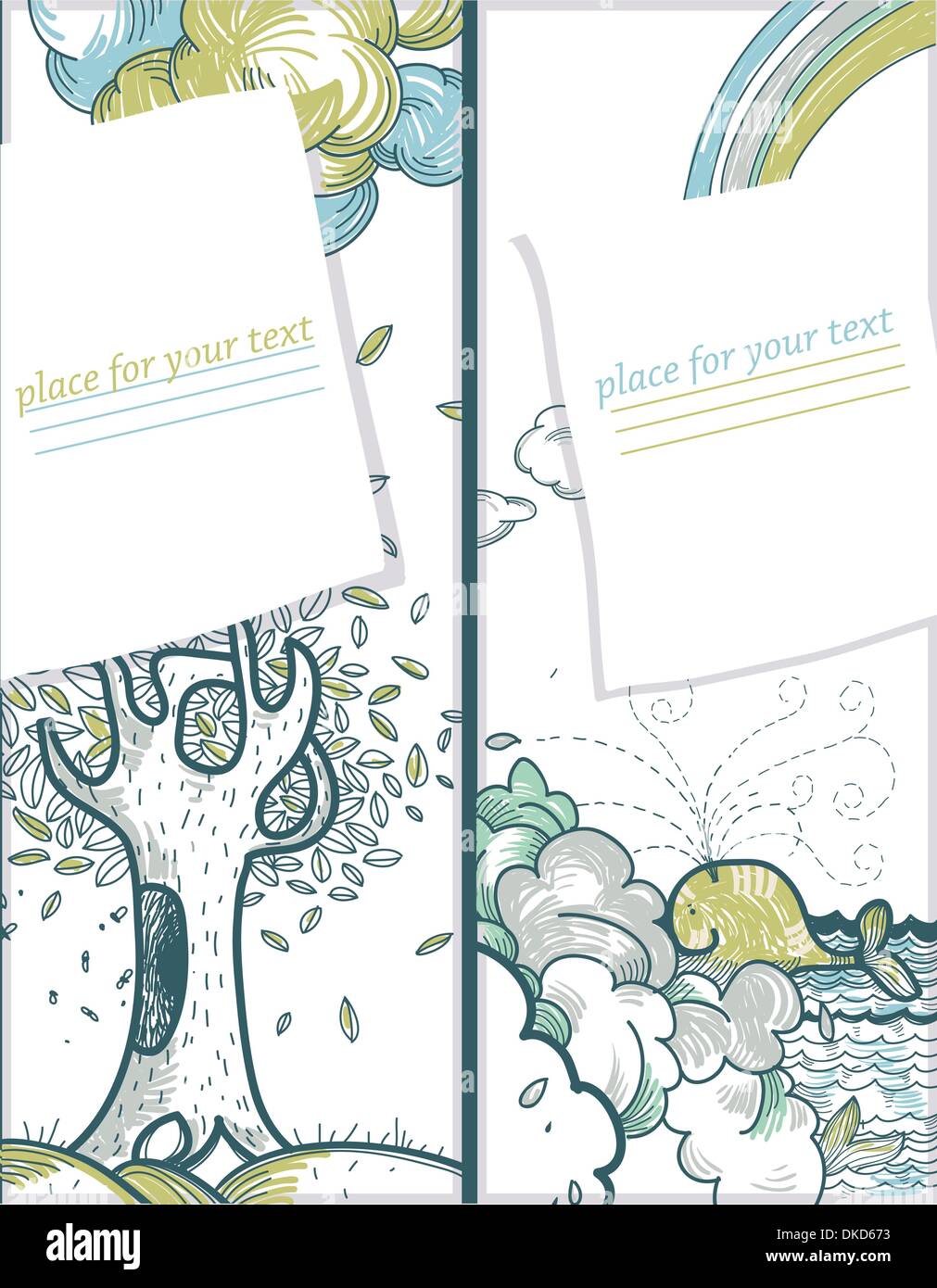 vector set of two hand drawn cards with a tree, a green whale and ...