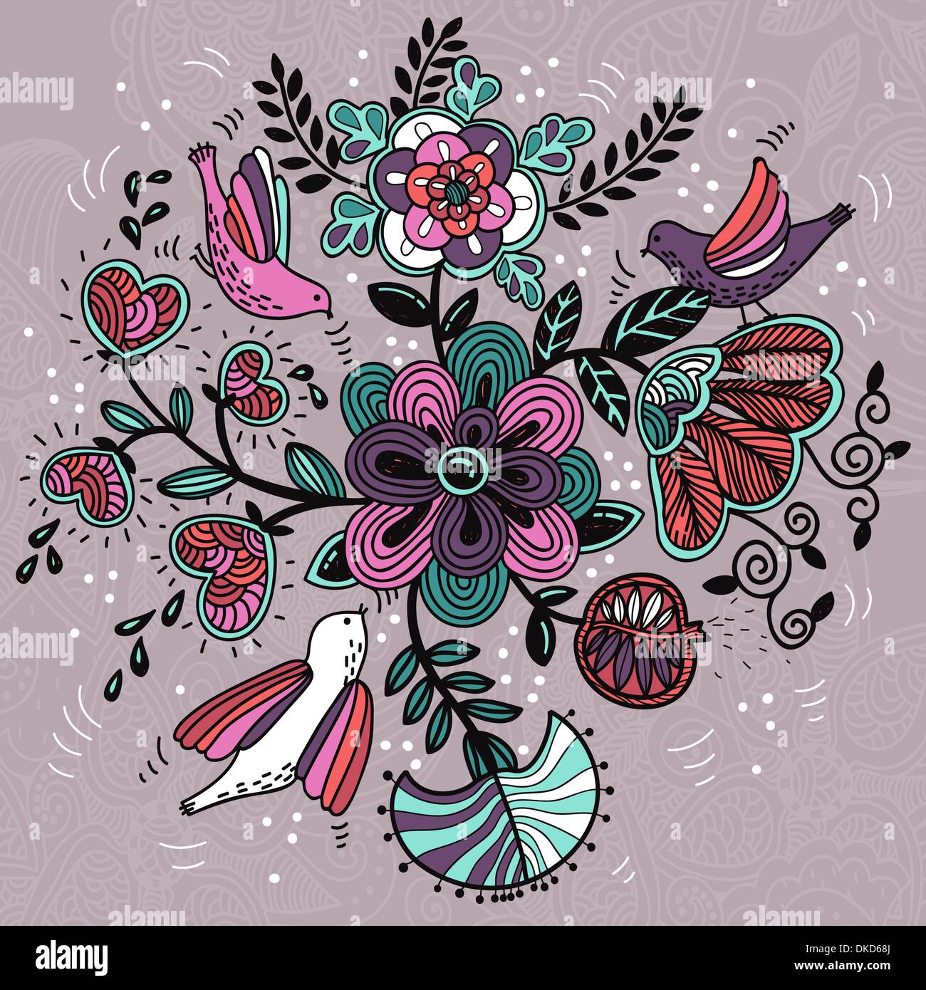 vector illustration of an abstract blooming tree and flying birds Stock ...