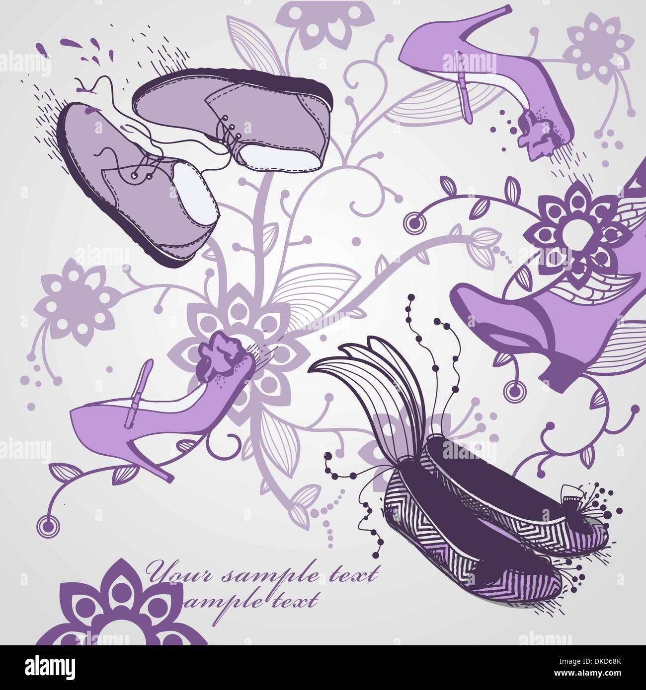 hand drawn set of trendy shoes on a floral background Stock Vector ...