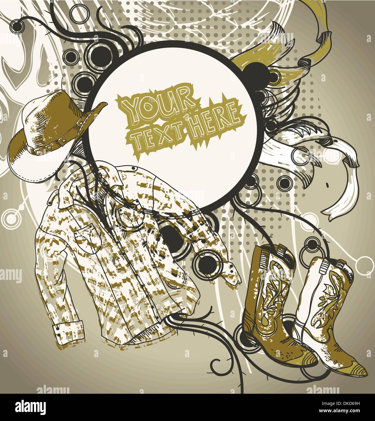 vector frame with a cowboy hat, boots and shirt on an abstract ...