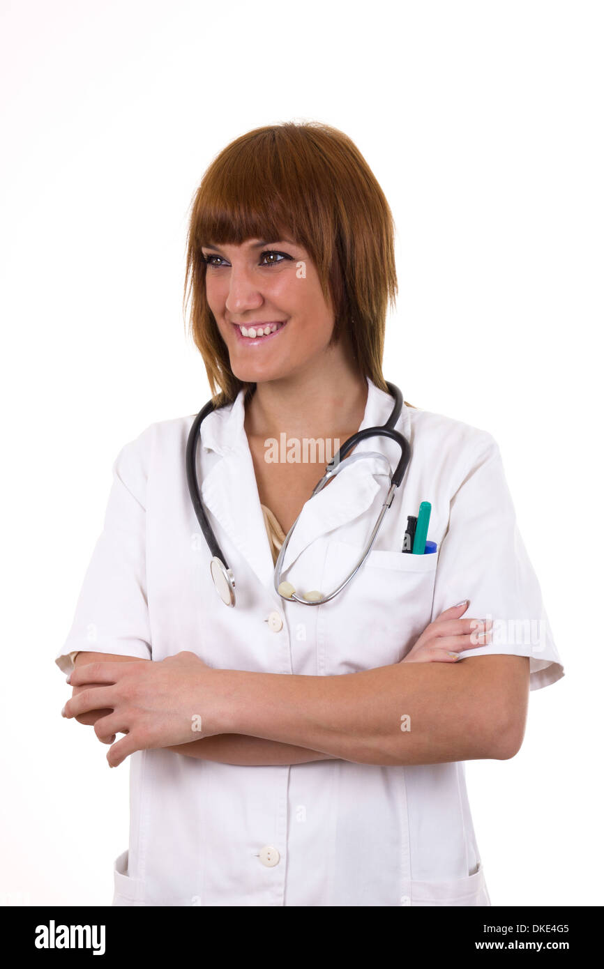 nurse practitioner smiling in white uniform with stethoscope Stock ...
