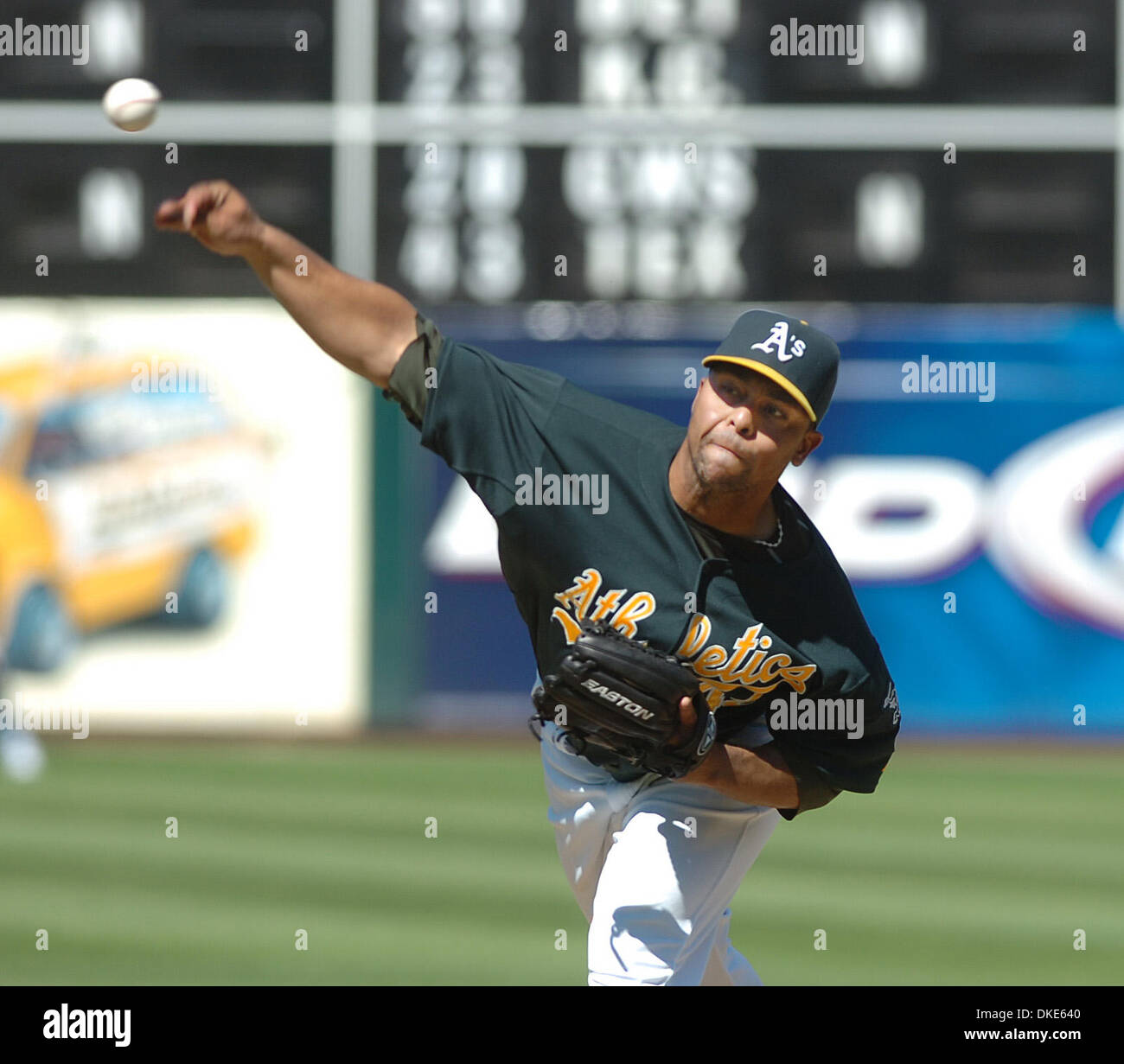 A's reliever Ruddy Lugo throws against the Toronto Blue Jays at McAfee ...