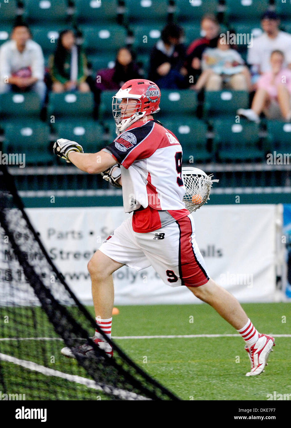 July 27, 2007: MLL - Chicago Machine goalie Mike Gabel (#9) behind the ...