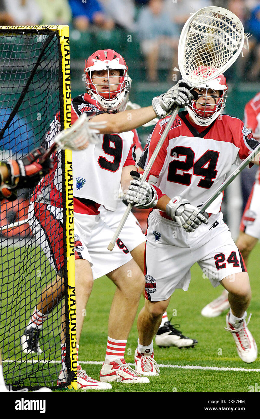 July 27, 2007: MLL - Chicago Machine goalie Mike Gabel (#9) and ...