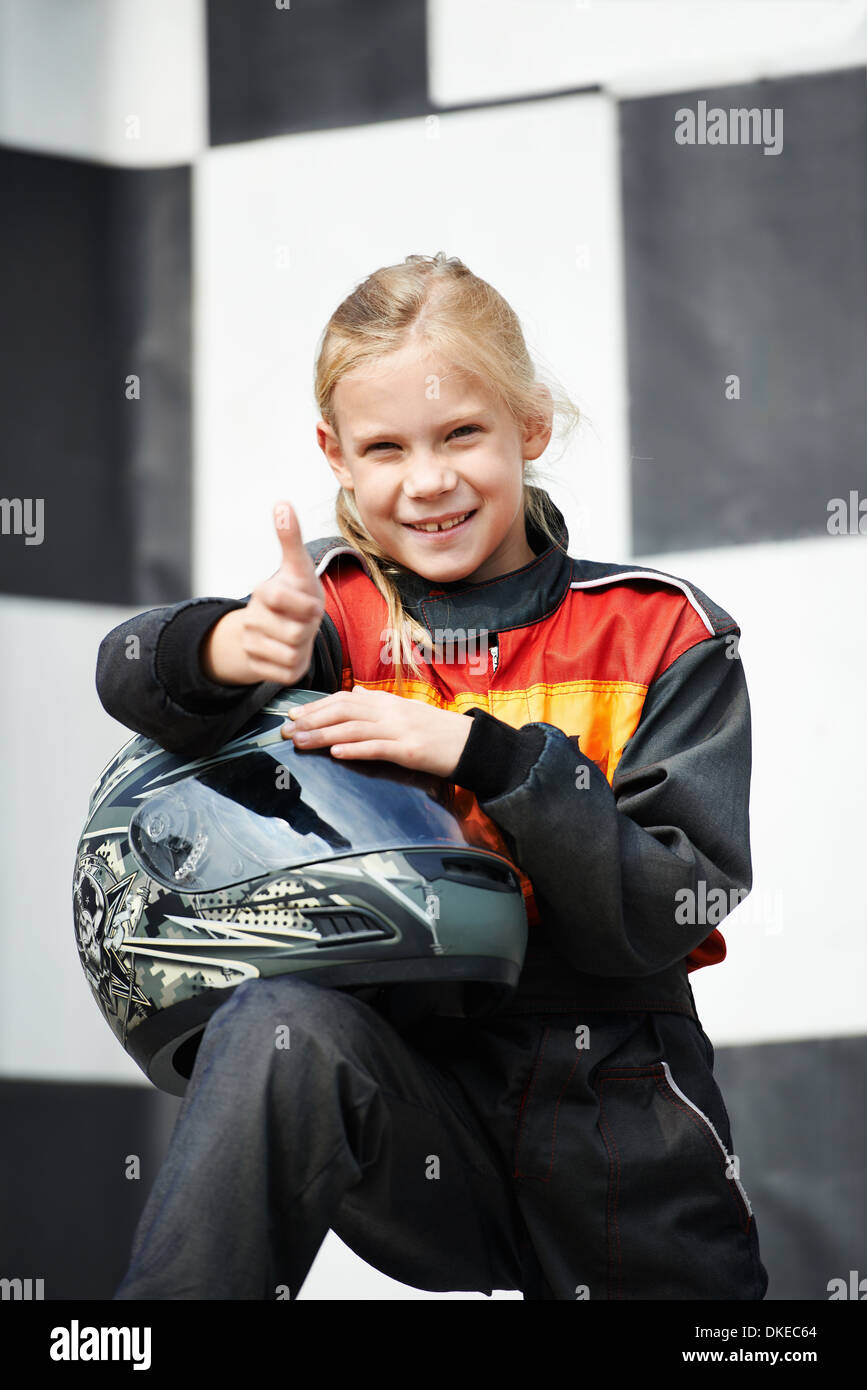 Happy little girl on carting competition Stock Photo - Alamy