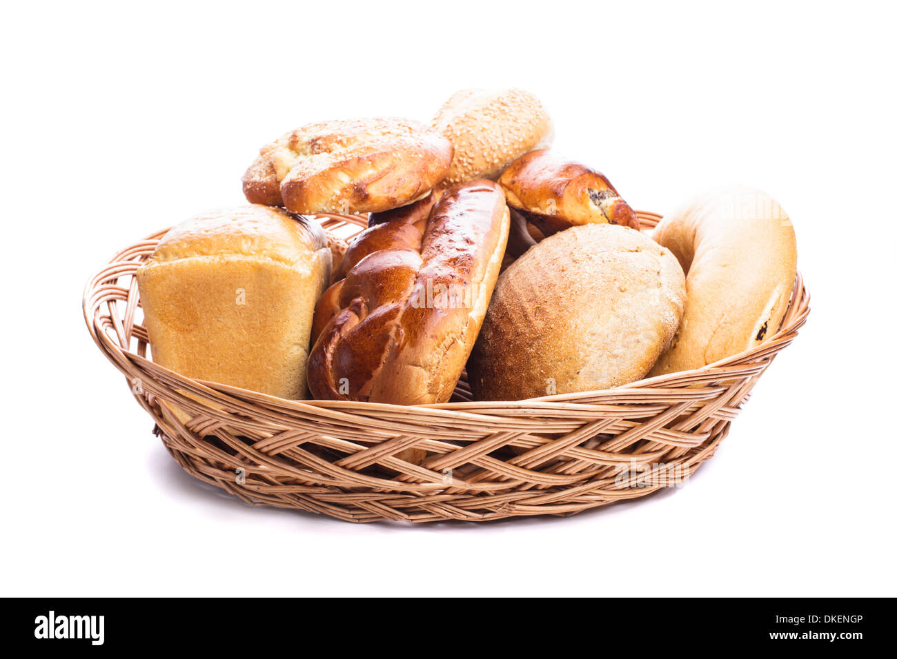 Different types of breads and buns in the basket on a white Stock Photo ...