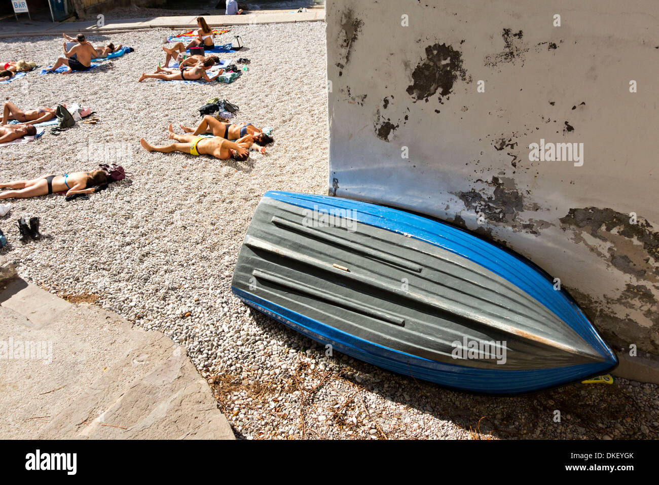 Sunbathers and swimmers at the Marina Piccola, Capri, Campania,Italy ...