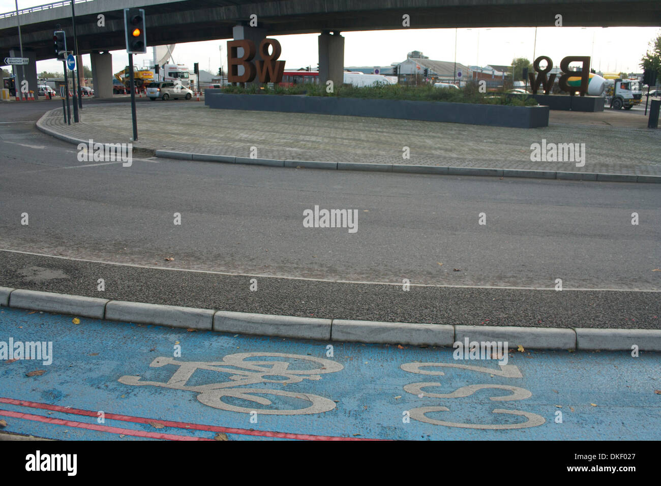 Cycle lane at the notorious Bow roundabout, East London, UK Stock Photo ...