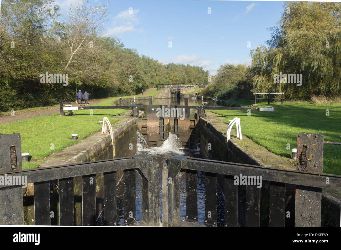 A section of the flight of thirteen canal locks on the Leeds-Liverpool ...