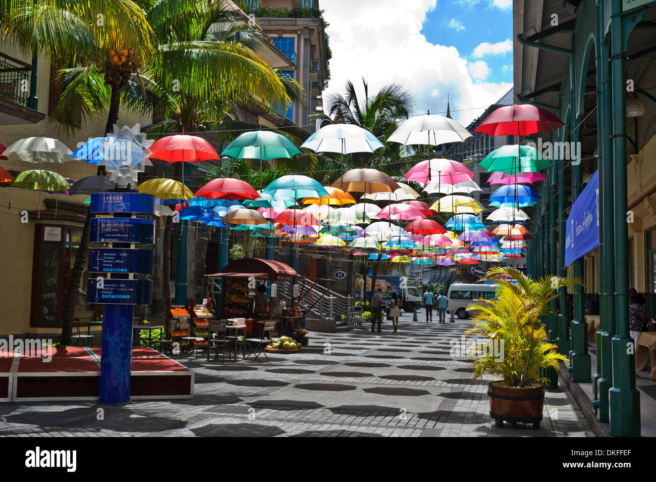 Display of colourful umbrellas in Caudan Waterfront Mall, Port Louis ...