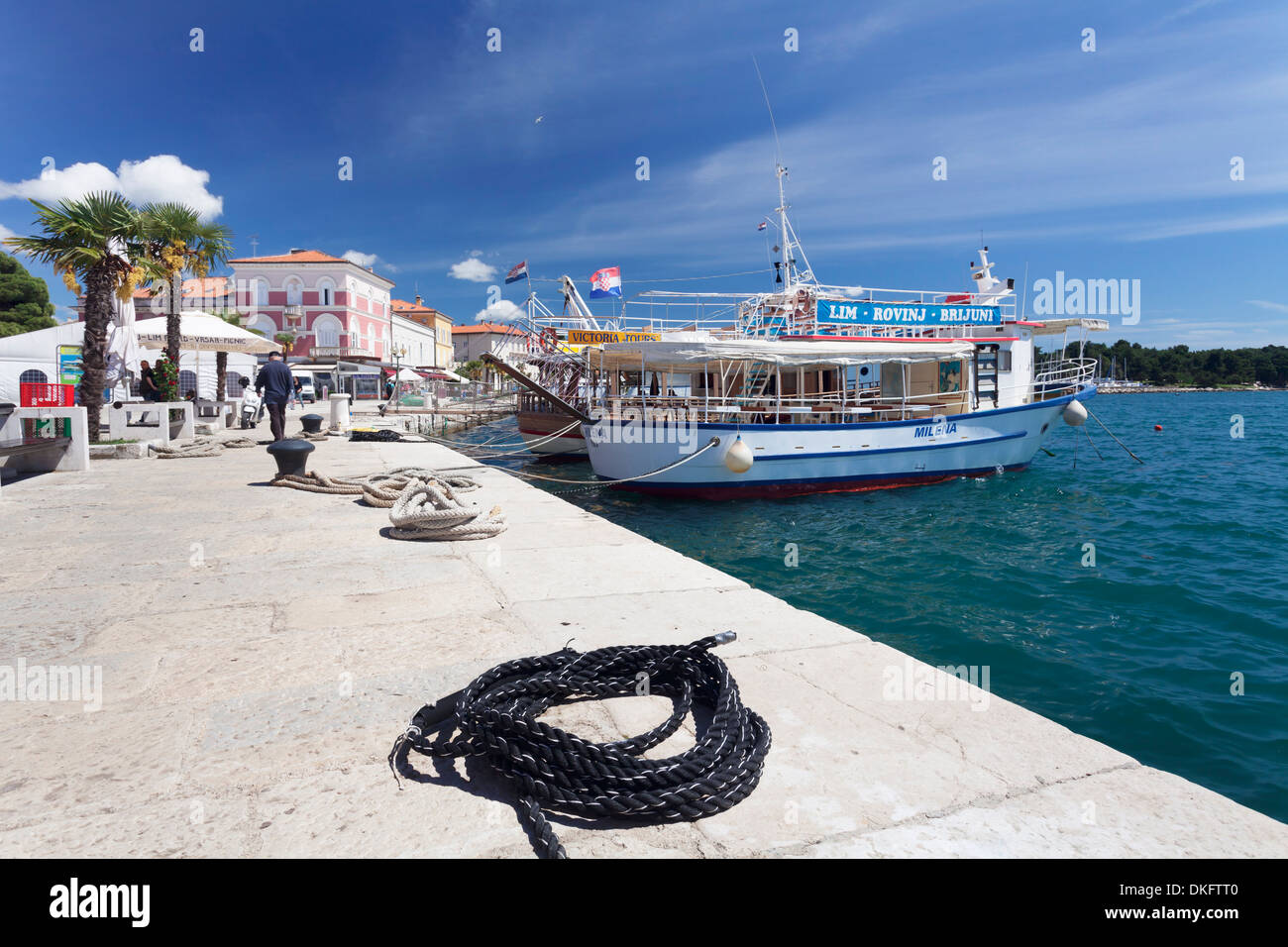 Excursion boat at the promenade at the harbour of Porec, Istra, Croatia ...