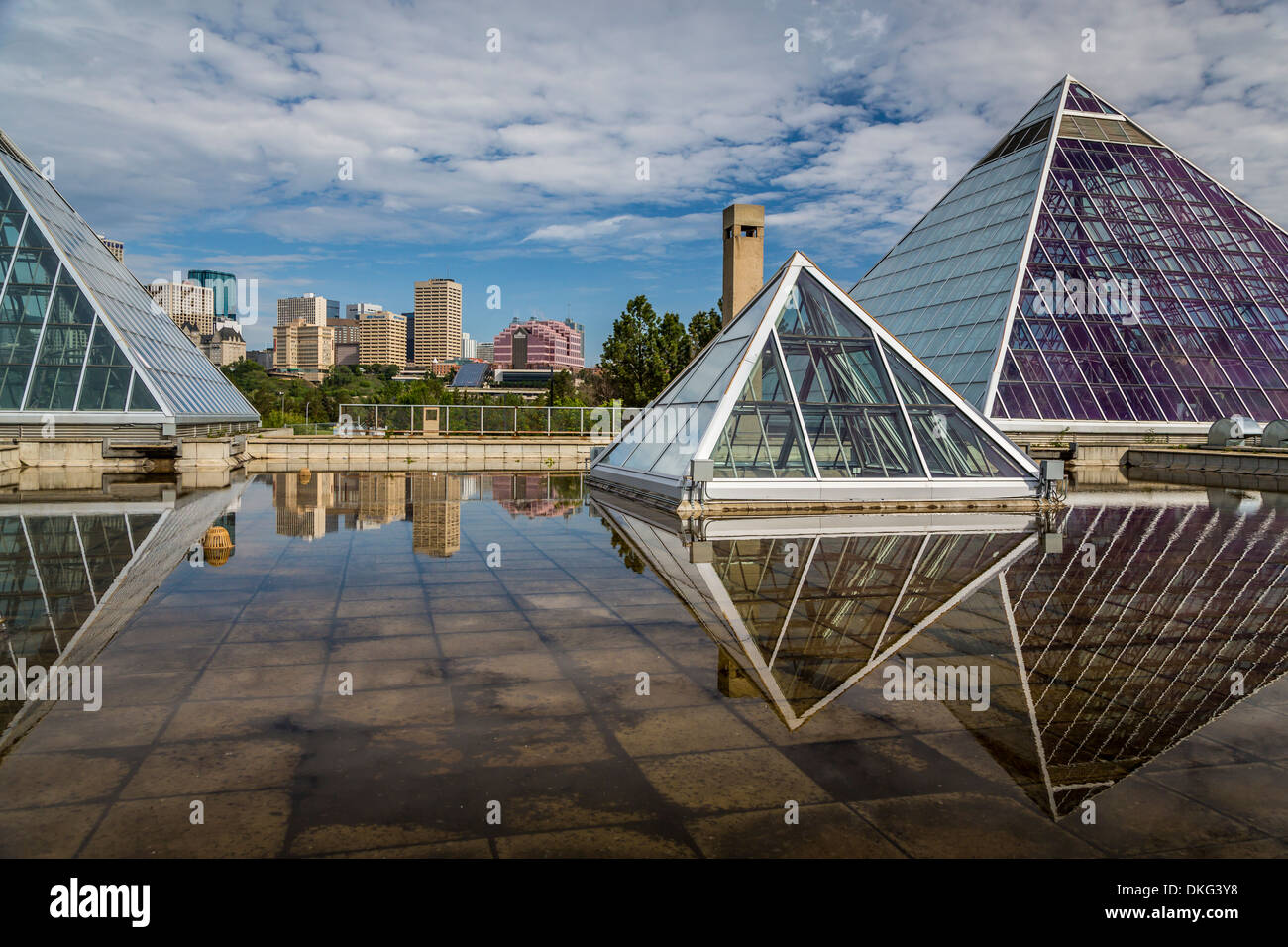 The Muttart Conservatory Pyramids and the city skyline of Edmonton ...