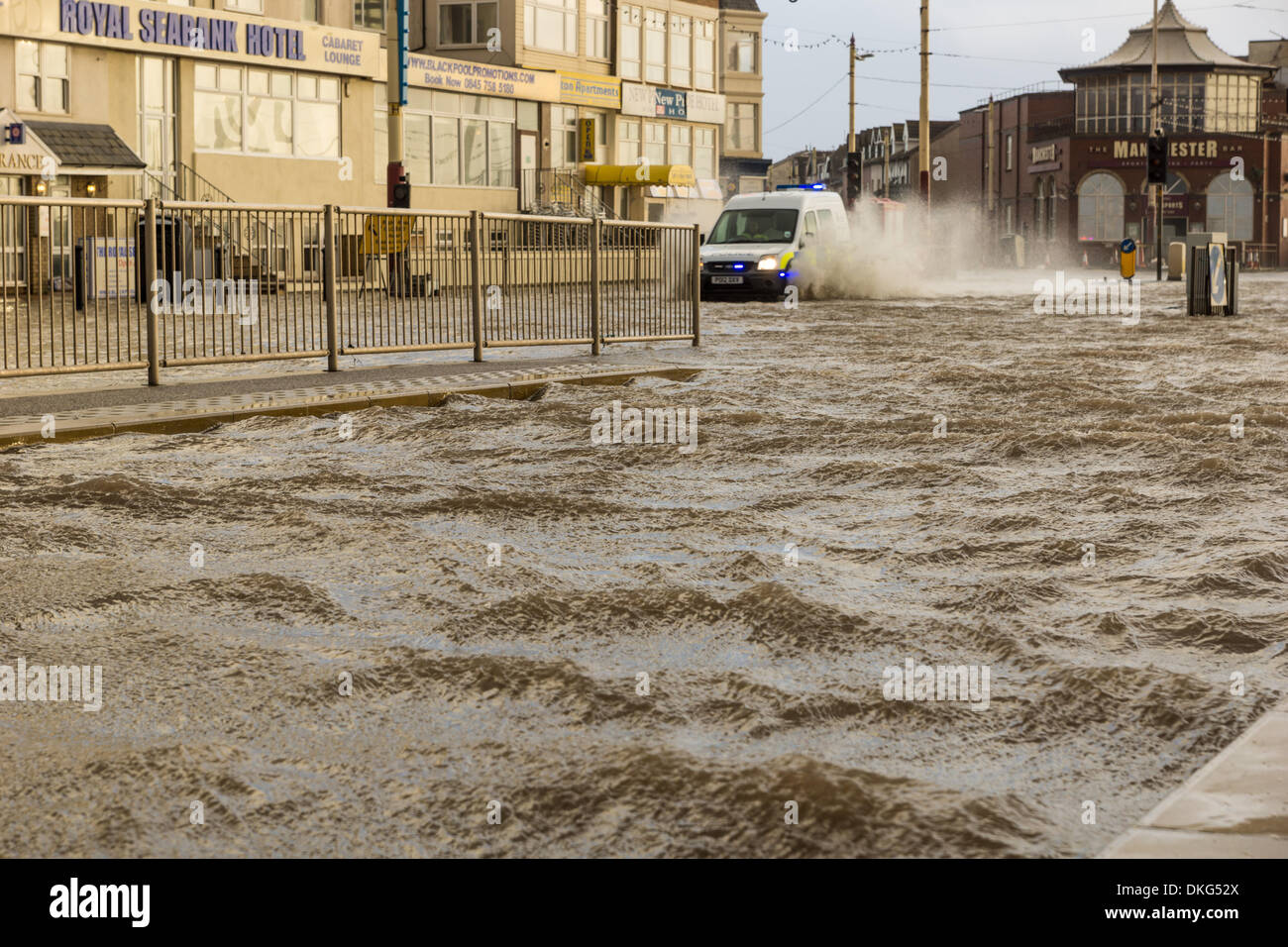 Part of the golden mile in Blackpool is flooded by a winter storm Stock ...
