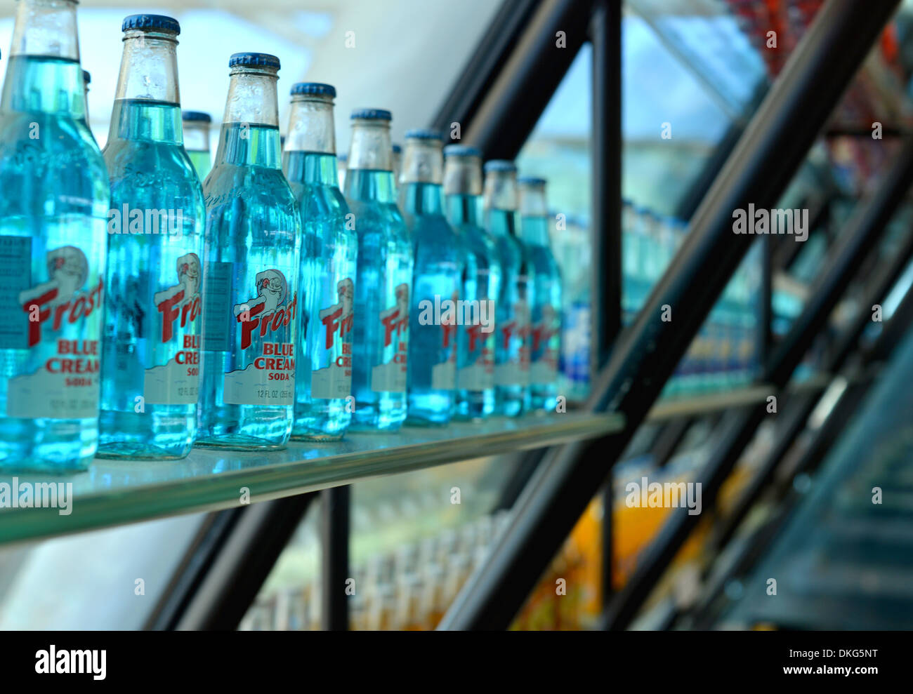 Rows of soda bottles on glass shelves in Pops Soda ranch in Arcadia ...
