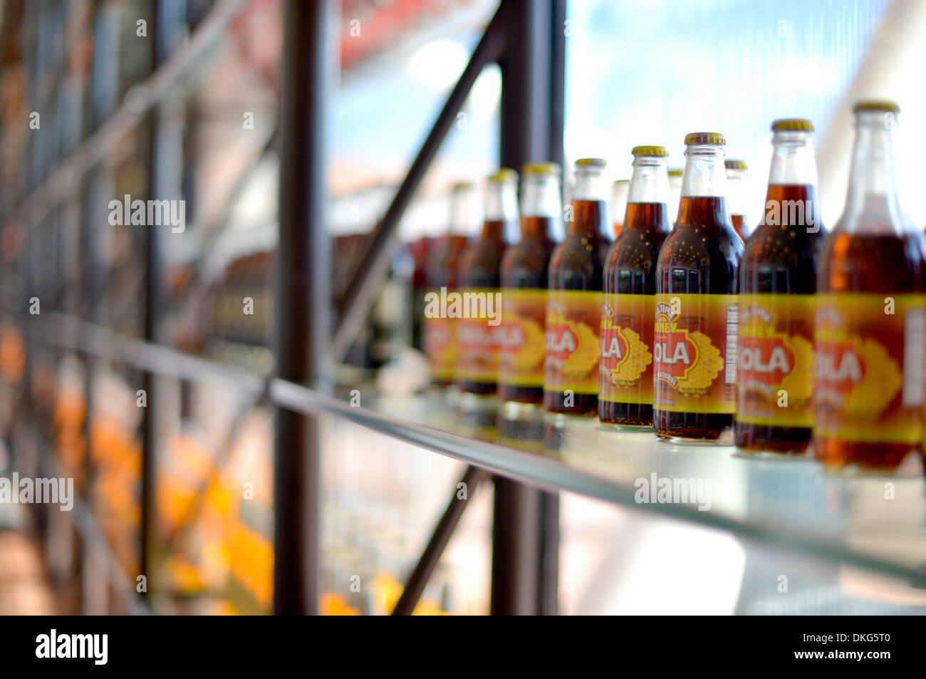 Rows of soda bottles on glass shelves in Pops Soda ranch in Arcadia ...