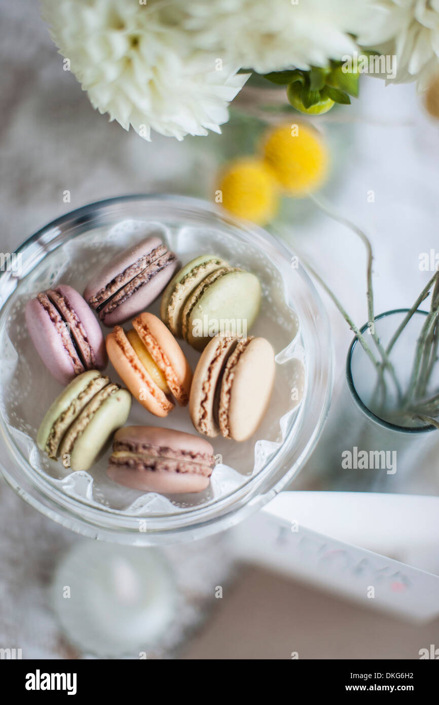 Still life of macaroons with flowers and decoration Stock Photo - Alamy
