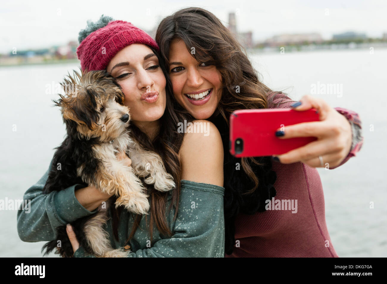 Friends holding pet dog for photograph Stock Photo - Alamy