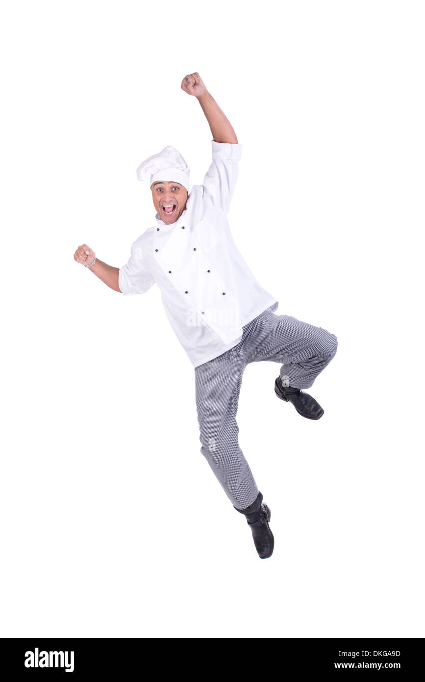 Male chef jumping isolated on white background Stock Photo - Alamy