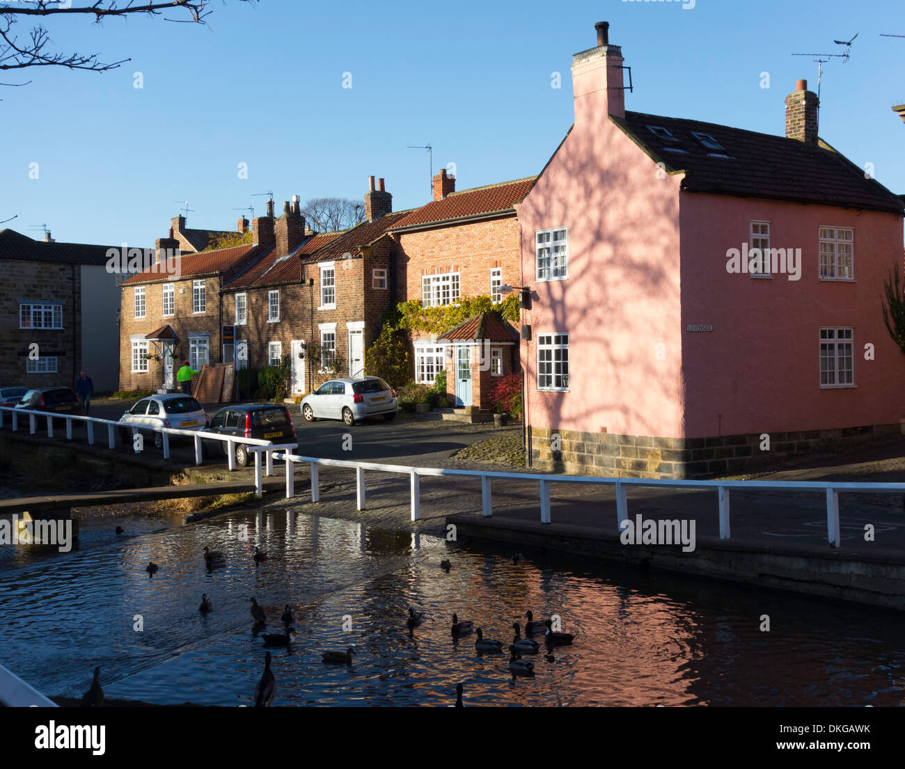 Cottages by the river Leven in the Georgian town of Stokesley North ...