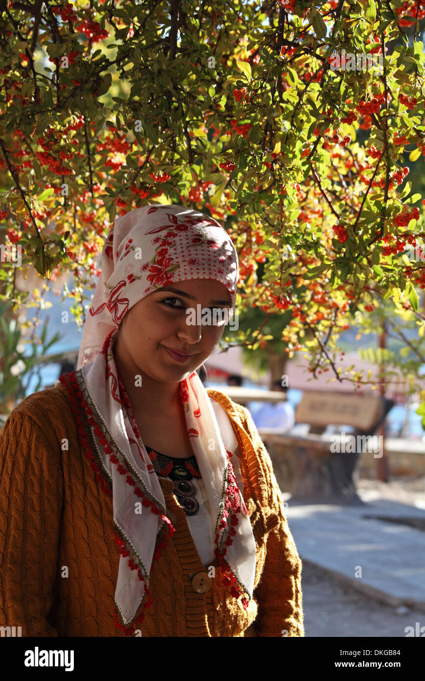 Pretty Turkish girl wearing embroidered oya headscarf, Halfeti ...