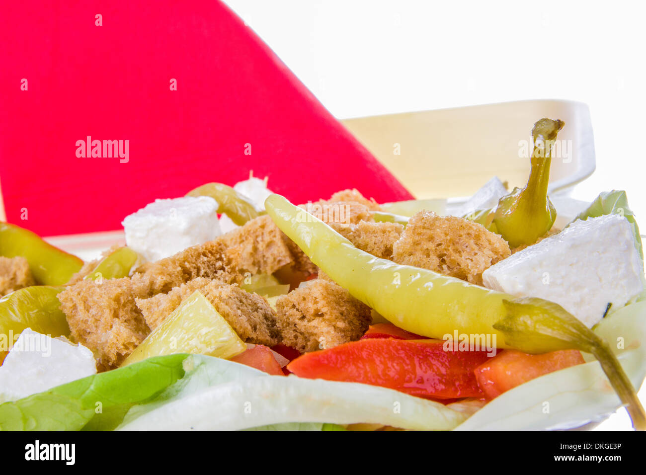 pepperoni salad with bread cubes and white cheese Stock Photo - Alamy