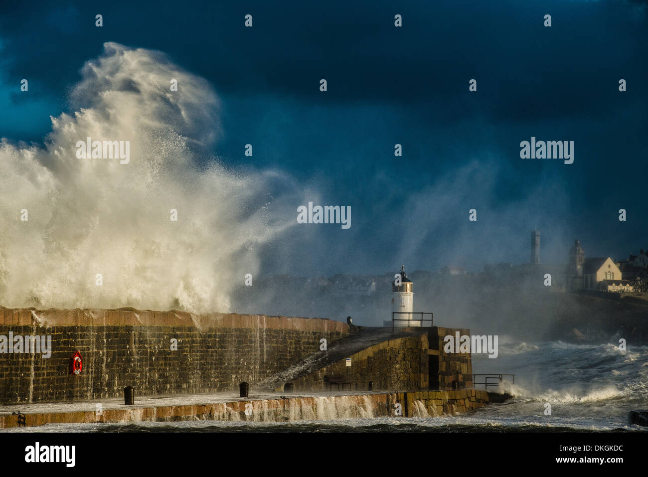 Stormy sea breaks over Banff Harbour in north east Scotland, wave ...