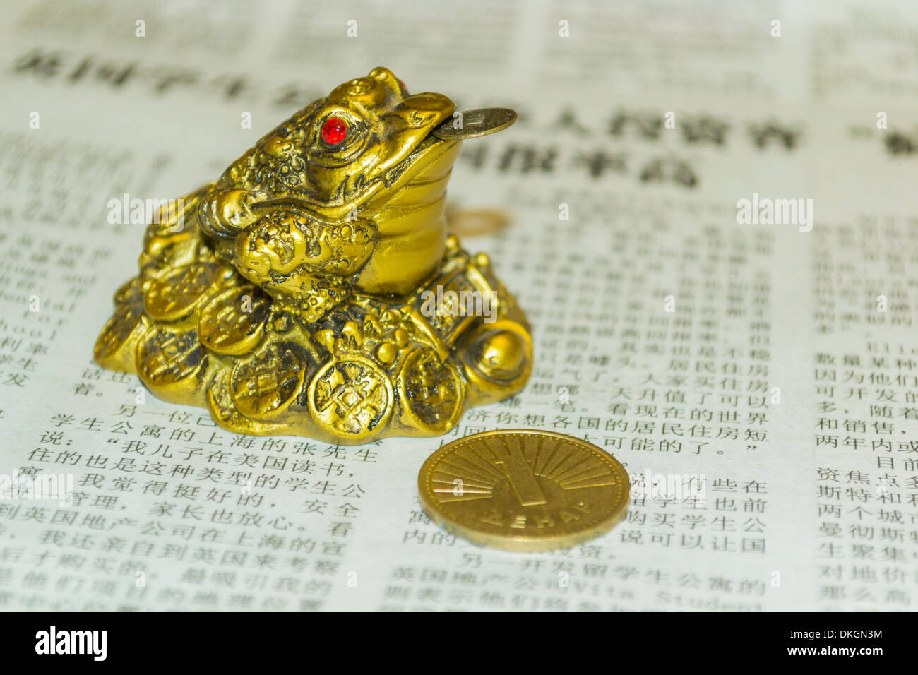 Money toad on Chinese newspaper near one Macedonian denar coin (MKD ...
